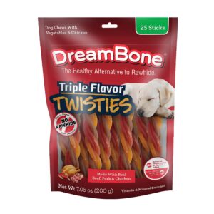 dreambone triple flavor twisties, 25 count, rawhide-free dog chews made with real beef, pork & chicken, 7.05 ounce (pack of 1)