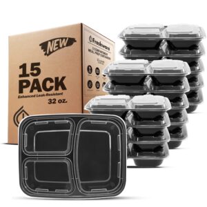 freshware meal prep containers with lids [15 pack] 3 compartment, food storage containers, bento box, bpa free, stackable, microwave/dishwasher/freezer safe (32 oz)