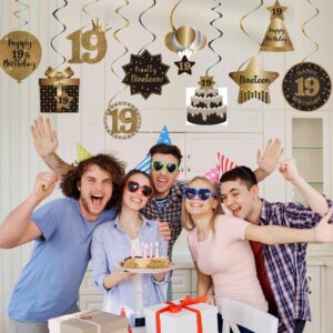 Happy 19th Birthday Party Hanging Swirls Streams Ceiling Decorations, Celebration 19 Foil Hanging Swirls with Cutouts for 19 Years Old Black and Gold Birthday Party Decorations Supplies