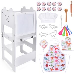 4-in-1 [fun ninja] toddler kitchen step stool for children and toddlers, whiteboard & art desk, safety rail tower for kids, parent assistant stepping stool (white, bundle)