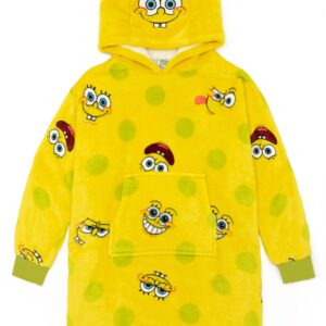 SpongeBob SquarePants Kids Wearable Hooded Blanket | Boys & Girls Yellow All Over Print Fleece Hoodie | Cozy Loungewear