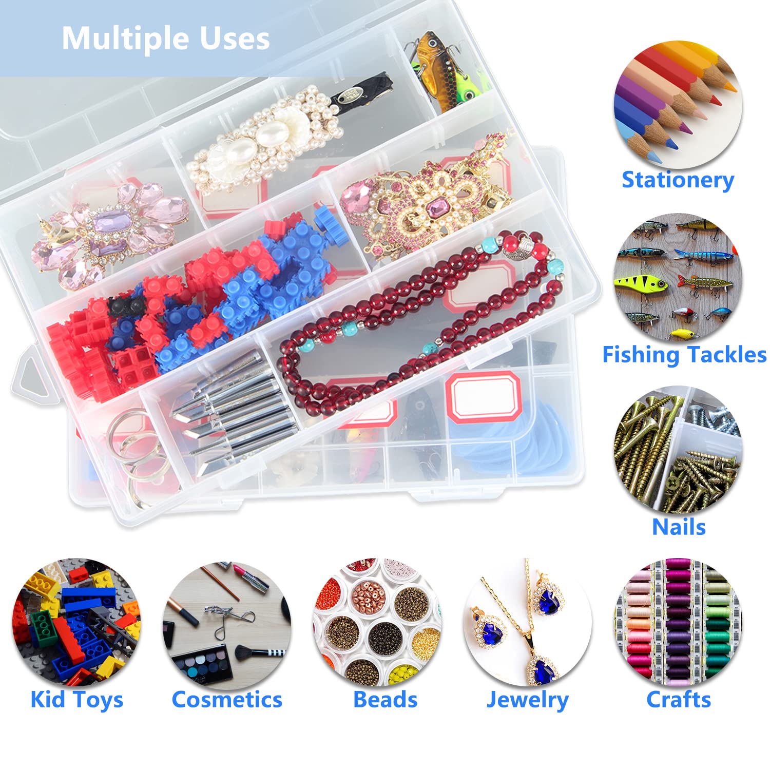 CAZCAL 3pack 24 Grids Clear Plastic Organizer Box with Adjustable Dividers for Beads Organizer Earrings Necklaces Art DIY Crafts Jewelry Fishing Tackles craft storage with 5 Sheet Label Stickers