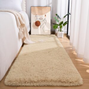 przemy fluffy runner rug for bedroom living room, 2x6 feet beige shag area rugs, soft fuzzy carpet for bedside nursery kids room college dorm, plush throw rug for home decor