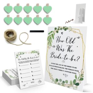 bridal shower game kit, how old were the bride-to-be, eucalyptus gold green leaf theme photo game guess the age, bride game decoration set (1 sign + 30 guess cards)