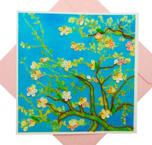 greenhandshake van gogh's almond blossom (1890) quilling art greeting card,design greeting card for birthday, valentine's day, get well, all occasion. framable artwork for art lovers