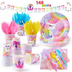 joyin 145 pcs unicorn birthday party supplies with unicorn banner for girls, 24 serves unicorn disposable tableware set with plates , cups, napkins, and cutlery sets for unicorn themes party kids 2 3