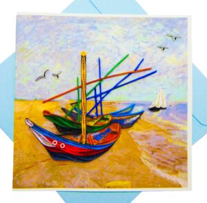 greenhandshake van gogh fishing boats on the beach (1888) quilling art greeting card,design greeting card for birthday, valentine's day, get well, all occasion. framable artwork for art lovers