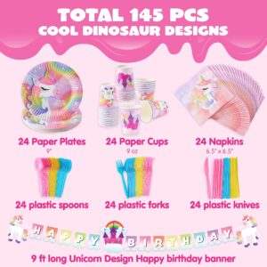 JOYIN 145 Pcs Unicorn Birthday Party Supplies with Unicorn Banner for Girls, 24 Serves Unicorn Disposable Tableware Set with Plates , Cups, Napkins, and Cutlery Sets for Unicorn Themes Party Kids 2 3