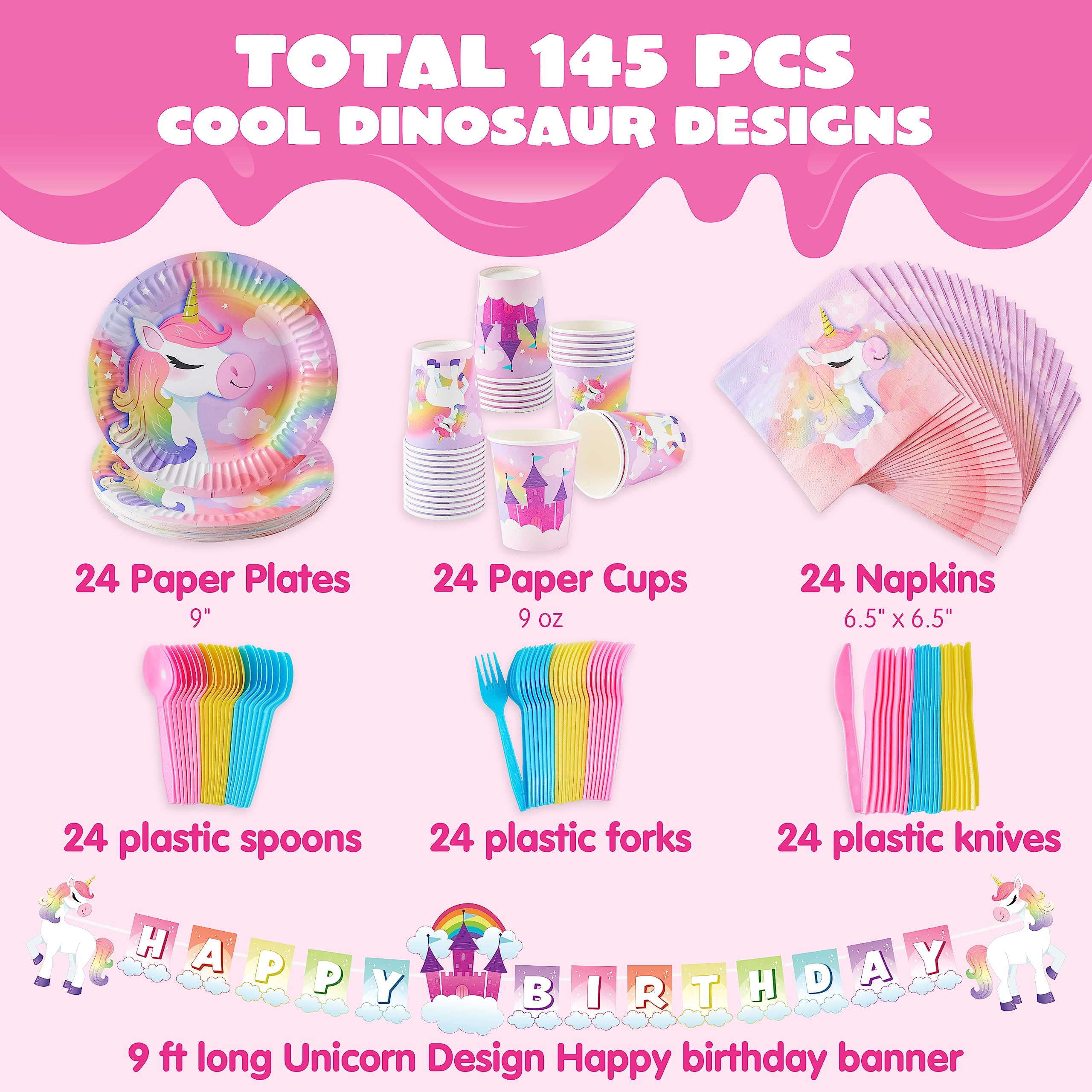 JOYIN 145 Pcs Unicorn Birthday Party Supplies with Unicorn Banner for Girls, 24 Serves Unicorn Disposable Tableware Set with Plates , Cups, Napkins, and Cutlery Sets for Unicorn Themes Party Kids 2 3