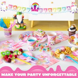 JOYIN 145 Pcs Unicorn Birthday Party Supplies with Unicorn Banner for Girls, 24 Serves Unicorn Disposable Tableware Set with Plates , Cups, Napkins, and Cutlery Sets for Unicorn Themes Party Kids 2 3