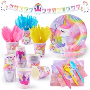 JOYIN 145 Pcs Unicorn Birthday Party Supplies with Unicorn Banner for Girls, 24 Serves Unicorn Disposable Tableware Set with Plates , Cups, Napkins, and Cutlery Sets for Unicorn Themes Party Kids 2 3