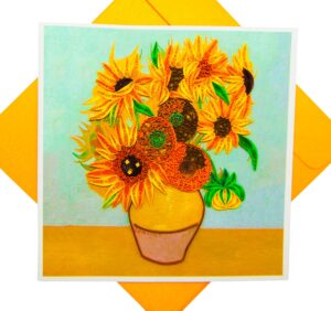 greenhandshake van gogh's vase with sunflowers (1888) quilling art greeting card,design greeting card for birthday, valentine's day, get well, all occasion. framable artwork for art lovers