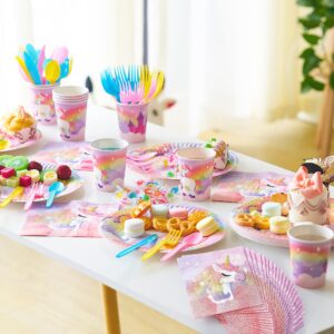 JOYIN 145 Pcs Unicorn Birthday Party Supplies with Unicorn Banner for Girls, 24 Serves Unicorn Disposable Tableware Set with Plates , Cups, Napkins, and Cutlery Sets for Unicorn Themes Party Kids 2 3