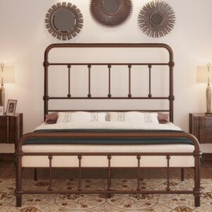 geltanny queen-bed-frame-vintage-farmhouse 49 inch tall-headboard-iron - platform mattress foundation,no box spring needed(dark bronze)