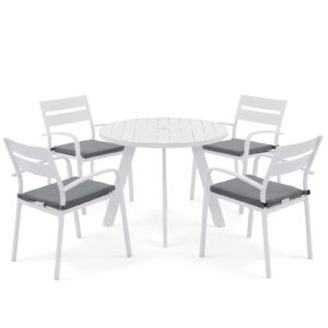 Soleil Jardin 5 Piece Outdoor Dining Set, Aluminum Patio Furniture Dining Set with Round Dining Table w/Umbrella Hole and 4 Stackable Chairs w/Cushions for Yard, Garden, Porch and Pool, White