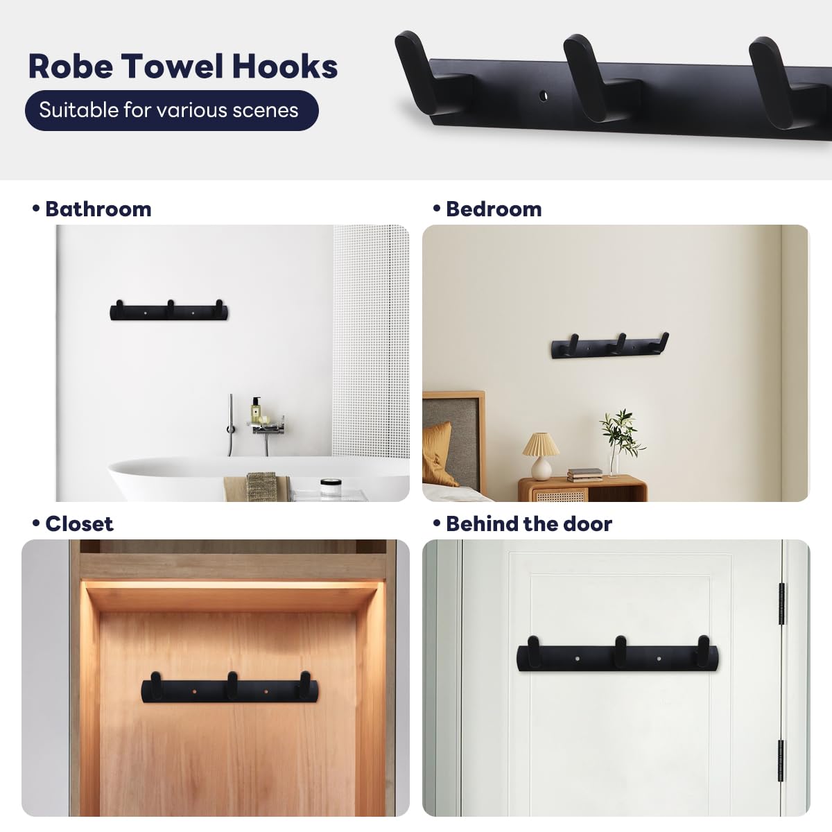 ALXBSONE Robe Towel Hooks Multi-Functional Hook Rack, Non-Perforated Clothing Wall Hangers, Aluminum Towel Hooks for Fitting Closets, Bathrooms, Hallways(Black-3 Hooks)