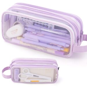 angoobaby large grid mesh pencil case 2 compartment pen bag clear handheld multifunction pencil pouch transparent makeup bag for teen student college business travel office adult - purple