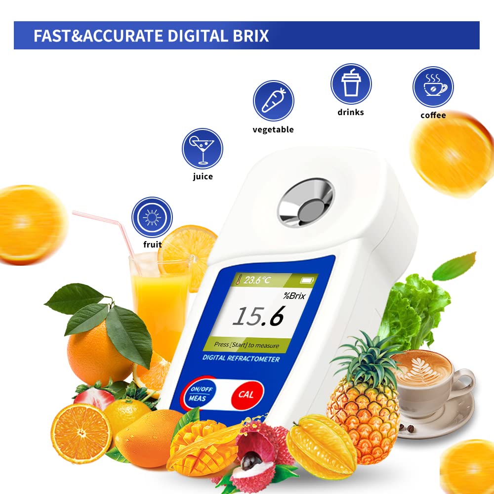 Digital Brix Refractometer Flagfront brix Meter Refractometer Automatic Temperature Compensation Brix Refractometer Range 0-55%，±0.1% Precision for Fruit Juice Coffee