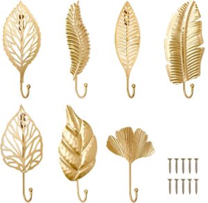 qumeney decorative wall hooks leaves hooks 7 pack, gold wall hooks hanging key holder leaf towel hooks wall mounted vintage coat hanger for entryway bathroom bedroom farmhouse decoration