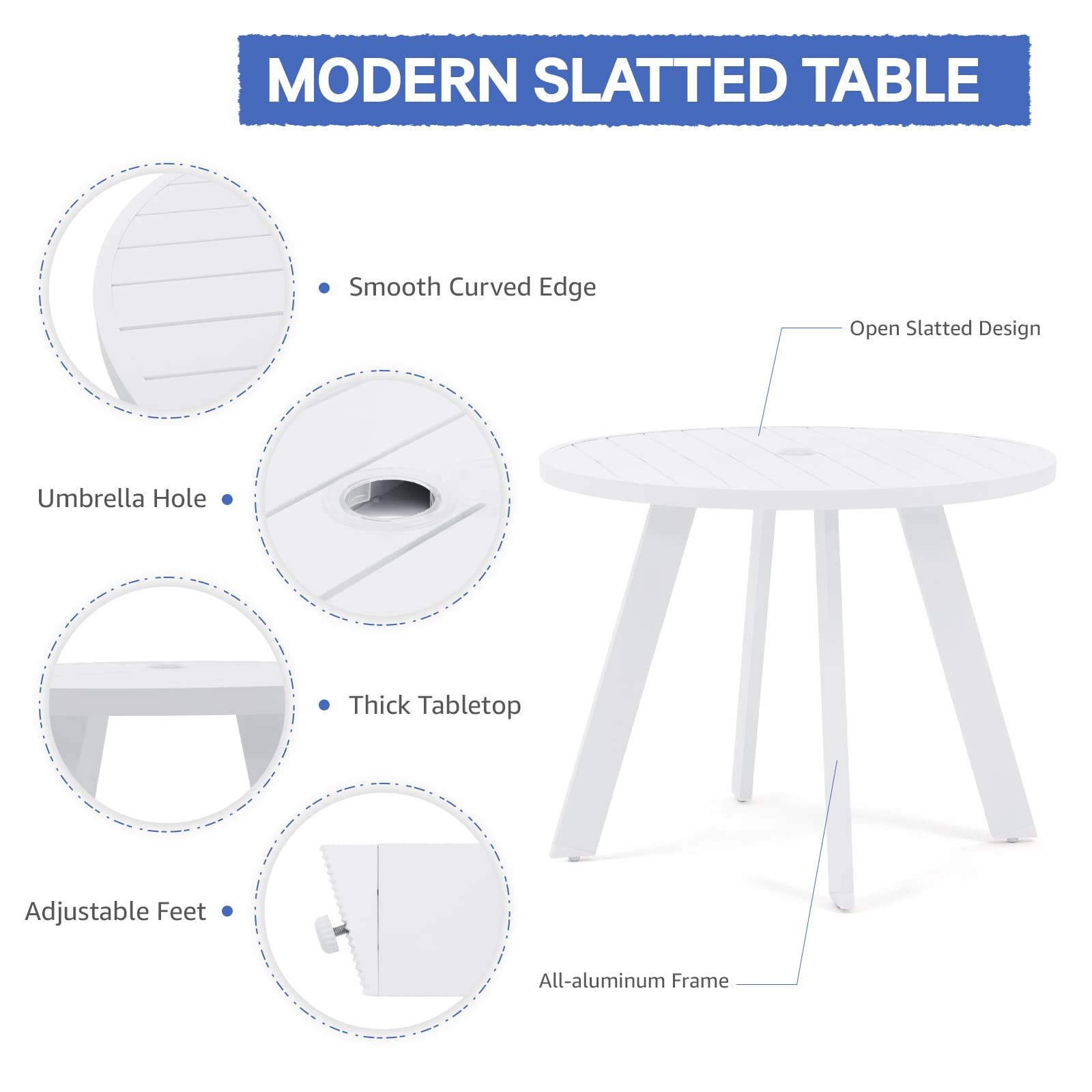 Soleil Jardin 5 Piece Outdoor Dining Set, Aluminum Patio Furniture Dining Set with Round Dining Table w/Umbrella Hole and 4 Stackable Chairs w/Cushions for Yard, Garden, Porch and Pool, White