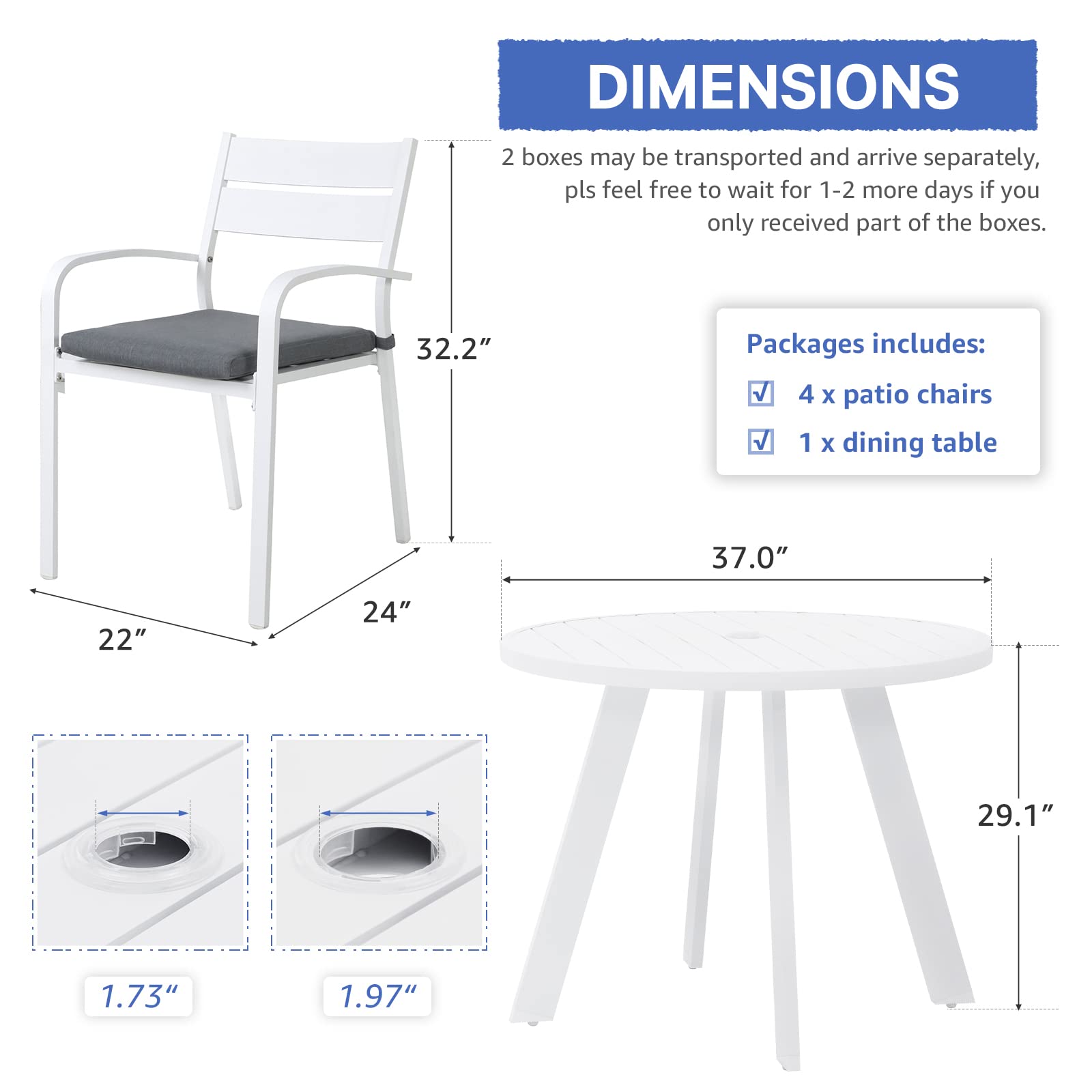 Soleil Jardin 5 Piece Outdoor Dining Set, Aluminum Patio Furniture Dining Set with Round Dining Table w/Umbrella Hole and 4 Stackable Chairs w/Cushions for Yard, Garden, Porch and Pool, White