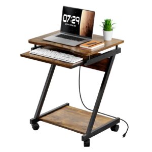 zerder small computer desks with power outlet, z-shaped home office desks for small space, compact study desk with keyboard tray and casters, computer workstation for home and office, brown