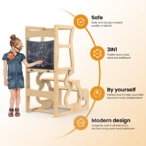 Toddler Tower, Kitchen Stool Helper for Toddlers, Learning Wooden Tower with Chalkboard and Backrest, 3 in 1 Kitchen Standing Tower, Foldable Weaning Table with Safety Rail, Step Stool Montessori