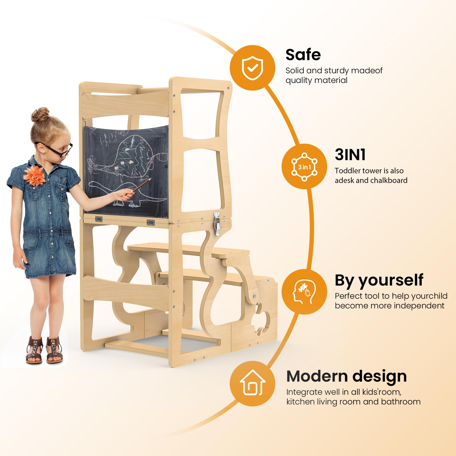 Toddler Tower, Kitchen Stool Helper for Toddlers, Learning Wooden Tower with Chalkboard and Backrest, 3 in 1 Kitchen Standing Tower, Foldable Weaning Table with Safety Rail, Step Stool Montessori