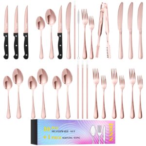 30 pieces rose gold silverware sets plus serving tong,stainless steel flatware set with metal straw for 4, dsnn home kitchen utensil cutlery set,include forks spoons and knives set