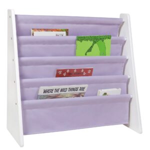 wildkin kids canvas sling bookshelf for boys and girls, wooden design features four fabric shelves, keep bedrooms, playrooms, and classrooms organized, an ideal kids bookshelf (white w/lilac)