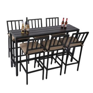 sumshadow outdoor patio bar set, bar height patio dining set, weather-resistant bistro counter pub set with cushions & slatted tabletop for backyard, garden, yard (63" table, 6 "i style stool, black)