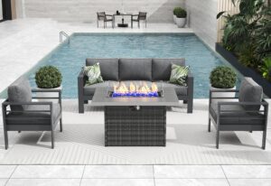 vakollia 4 pieces modern aluminum patio furniture set with fire pit table, outdoor conversation sets metal sectional sofa