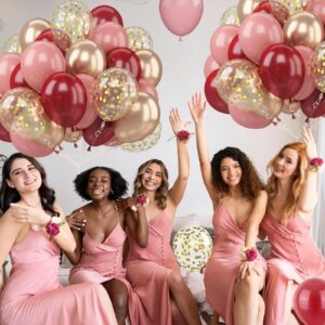 Burgundy Pink Balloons, 60 pcs 12 Inch Burgundy Dusty Pink Balloons with Metallic Gold Balloons Confetti Balloons, Pearl Wine Red Latex Balloons for Birthday Baby Shower Wedding Bridal Decorations