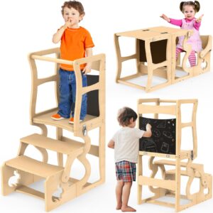 toddler tower, kitchen stool helper for toddlers, learning wooden tower with chalkboard and backrest, 3 in 1 kitchen standing tower, foldable weaning table with safety rail, step stool montessori