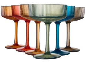 shatterproof acrylic ribbed vintage art deco martini, champagne & cocktail muted color plastic tritan coupe glasses | set of 6 | 8 oz ripple glassware classic cocktail indoor & outdoor, european style