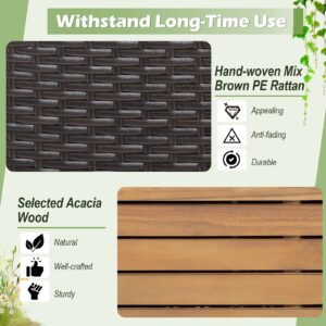 Tangkula 45 Gallon Outdoor Storage Bench, Mix Brown Rattan Storage Container with Zippered Liner, Acacia Wood Top Lid, Sturdy Gas Strut Support, 3-in-1 Multifunctional Deck Box for Front Porch, Garden