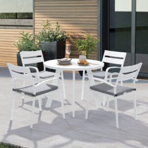 soleil jardin 5 piece outdoor dining set, aluminum patio furniture dining set with round dining table w/umbrella hole and 4 stackable chairs w/cushions for yard, garden, porch and pool, white