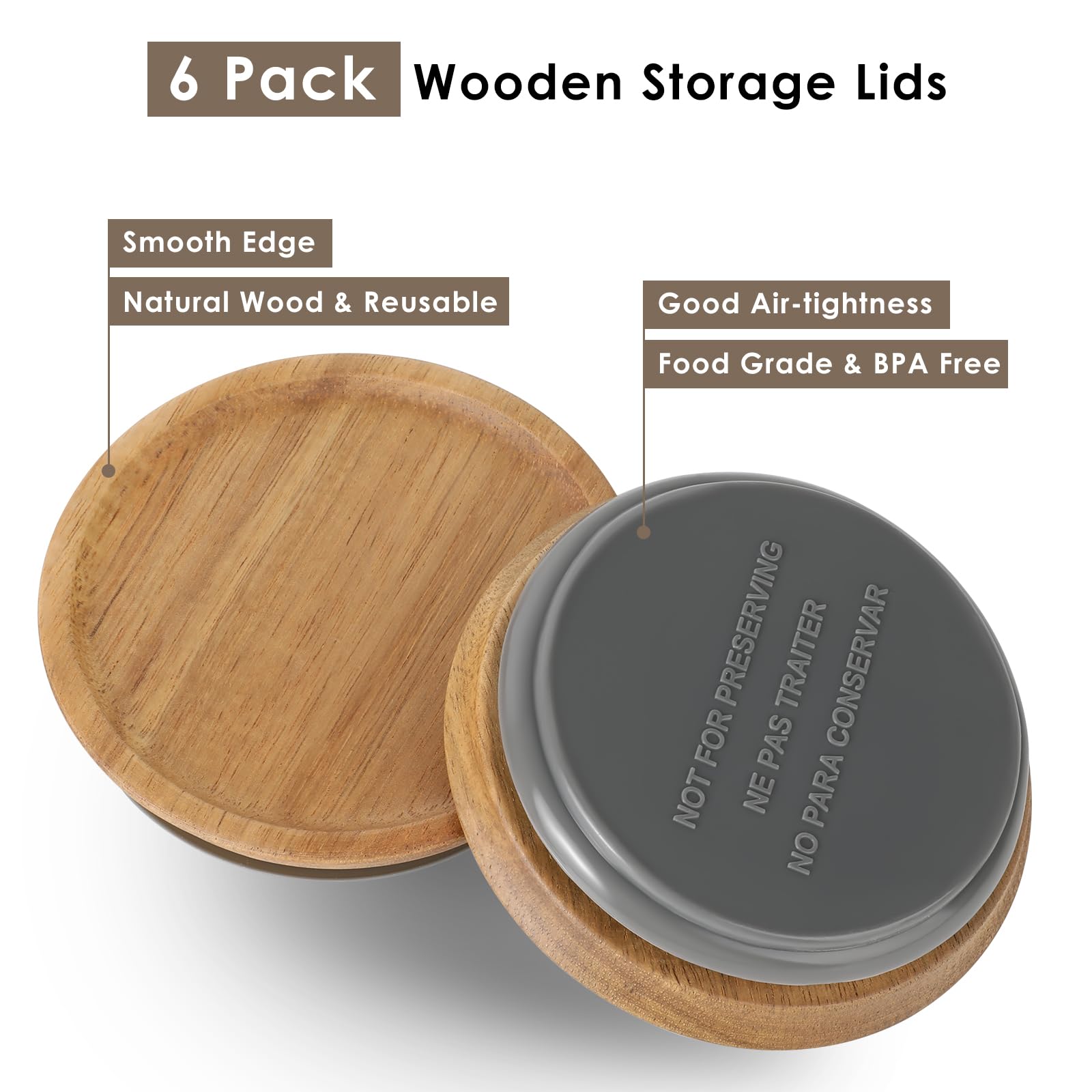 6 Pack Regular Mouth Lids for Mason Jars, Reusable Wooden Storage Lids with Silicone Seal for Regular Mouth Jars