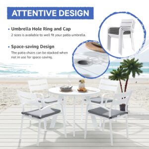 Soleil Jardin 5 Piece Outdoor Dining Set, Aluminum Patio Furniture Dining Set with Round Dining Table w/Umbrella Hole and 4 Stackable Chairs w/Cushions for Yard, Garden, Porch and Pool, White