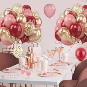 Burgundy Pink Balloons, 60 pcs 12 Inch Burgundy Dusty Pink Balloons with Metallic Gold Balloons Confetti Balloons, Pearl Wine Red Latex Balloons for Birthday Baby Shower Wedding Bridal Decorations