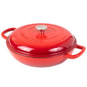 cast iron dutch oven with lid – non stick shallow dutch oven pot, oven safe up to 500° f – sturdy cooking pot – enamelled stockpot cookware – red, 3.7-quart, 30cm – by nuovva