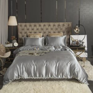 herside satin duvet cover queen grey silk like satin bedding set pom pom fringed silky duvet cover with 2 pillowcases -grey, queen