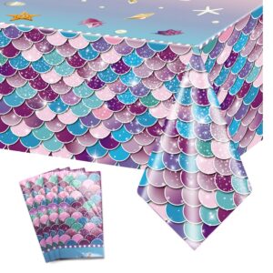 ayearparty 4 pieces mermaid party tablecloth under the sea theme birthday party table decorations disposable plastic table cover for girls kids baby shower 54x108 inch