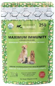 maximum immunity >25% β-glucan 100% mushrooms fruiting body extracts, veterinarians formulation for dogs & cats immune & digestive systems with turkey tail & >35% β-glucan reishi extracts.250 servings