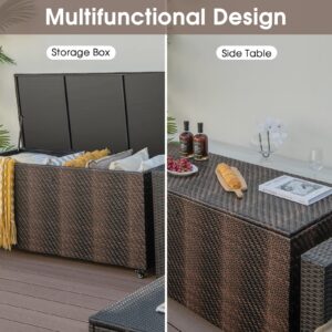 HAPPYGRILL Outdoor Rattan Deck Box, 96 Gallon PE Wicker Patio Storage Box with 4 Wheels and Liner, 2-in-1 Multifunctional Storage Box for Patio Furniture Cushions Garden Tools Pool Accessories