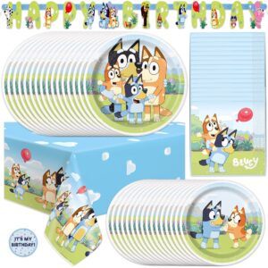 unique bluey birthday party supplies | serves 16 guests | bluey party supplies | bluey party decorations | banner, table cloth, dinner & cake plates, napkins, sticker | officially licensed