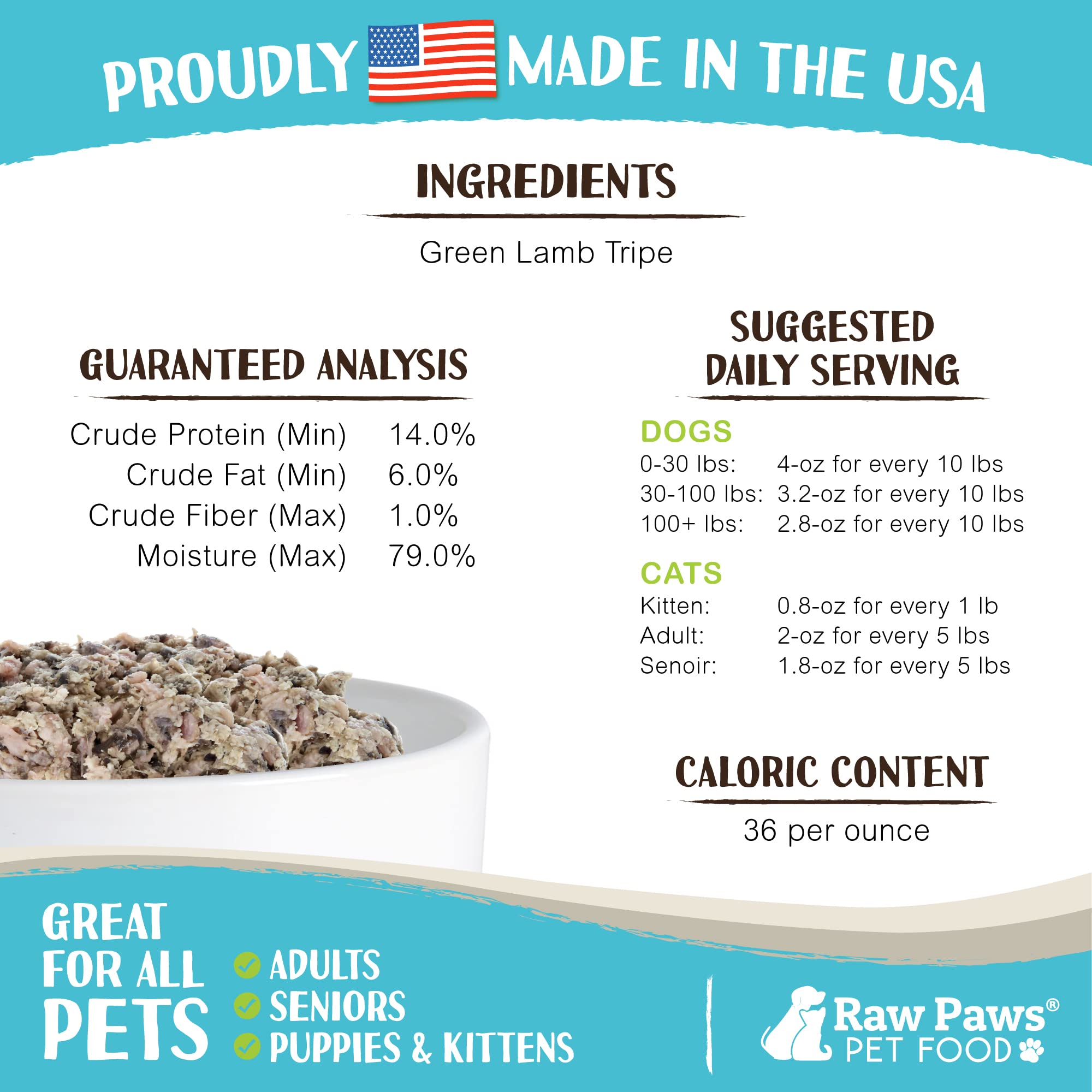 Raw Paws Signature Pet Food for Dogs & Cats - Green Lamb Tripe, 1-lb Rolls (20 Pack) - Fresh Pet Food Made in USA - Natural Dog Food Rolls - Raw Frozen Dog Food – Green Lamb Tripe for Dogs & Cats