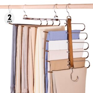 house day pants hangers space saving, wood jean hangers for closet, non slip multi functional pants rack hanger multiuse pant organizer for closet space saving hangers for pants, scarfs (2pack,walnut)