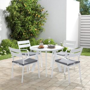 Soleil Jardin 5 Piece Outdoor Dining Set, Aluminum Patio Furniture Dining Set with Round Dining Table w/Umbrella Hole and 4 Stackable Chairs w/Cushions for Yard, Garden, Porch and Pool, White