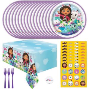 unique gabby's dollhouse party supplies pack for 16 guests - gabby dollhouse plates and napkins, table cover, forks, sticker, gabbys doll house birthday party decorations, officially licensed